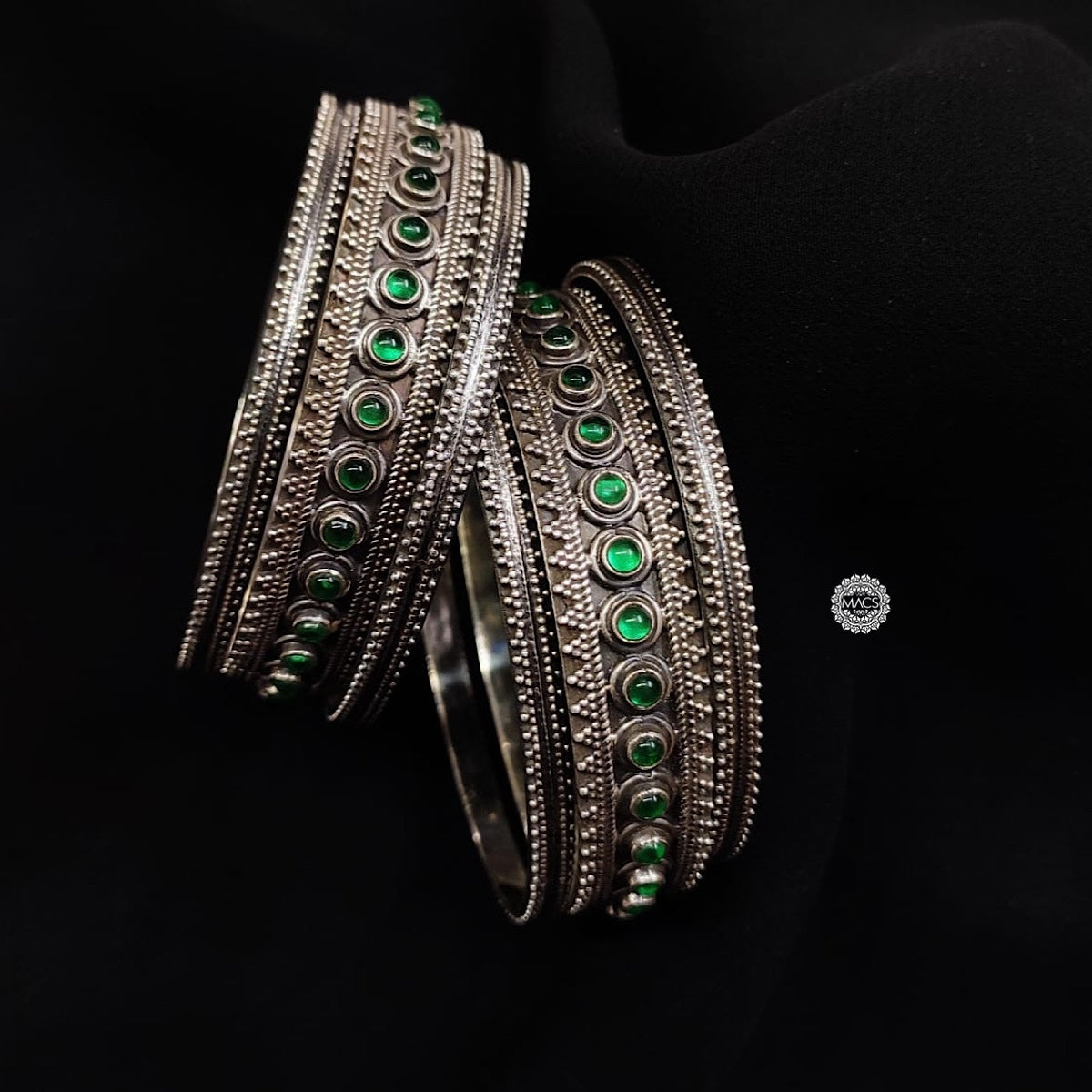 Green stone bangles (Pair) | Pure Silver Stone kada | MACS