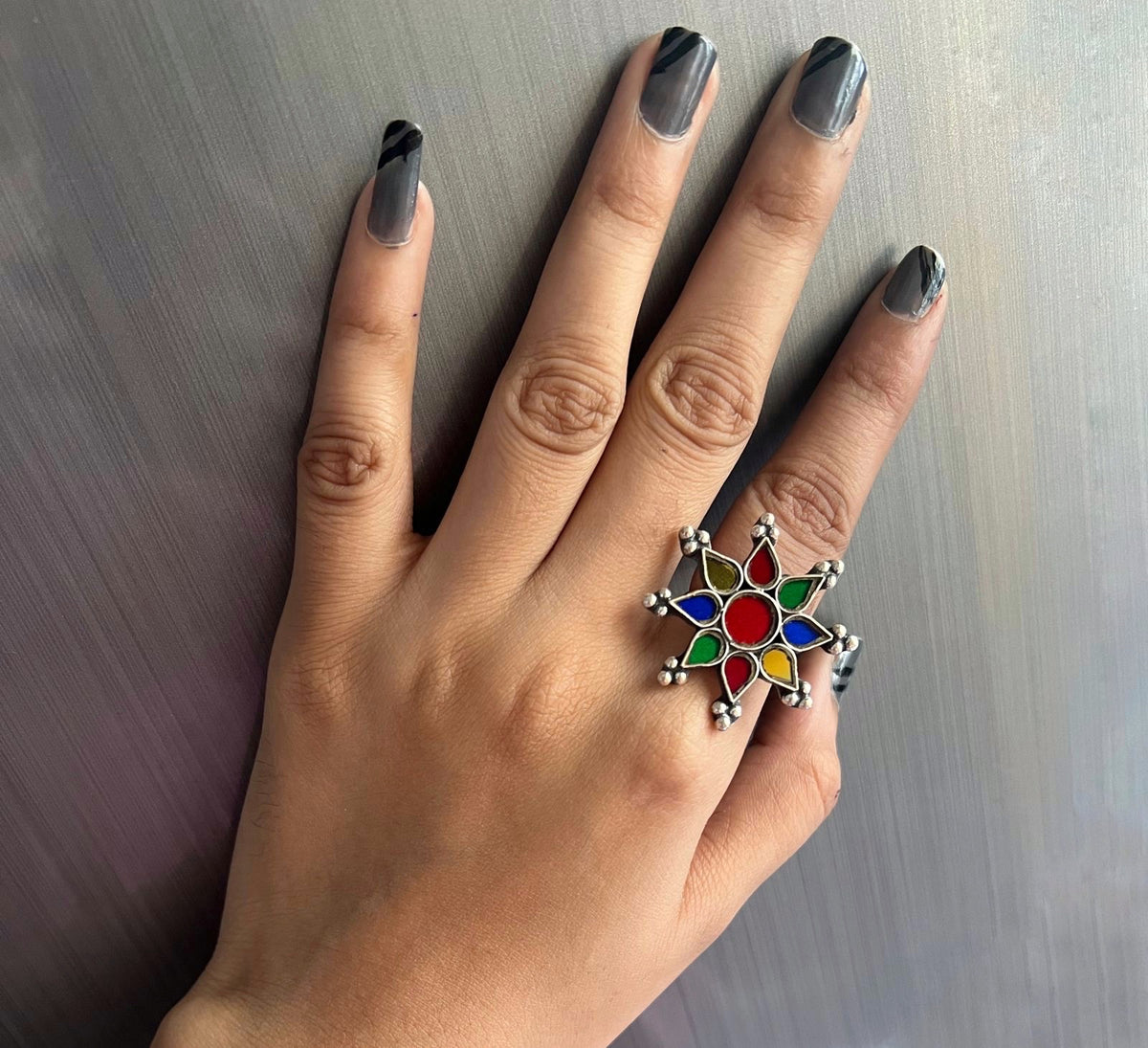 Multi color Glass Silver Adjustable Ring | 925 Flower ring | MACS