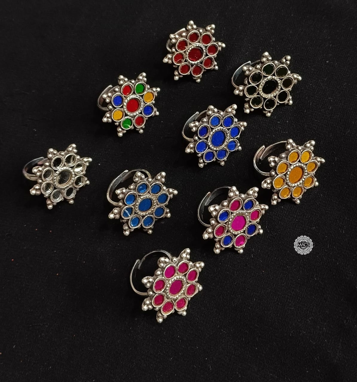 Glass Silver Adjustable Ring |Multi color Flower ring |925 ring | MACS